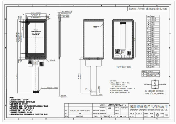 1.9 Inch 170x320 TFT LCD Capacitive Touch Display Module 400 cd/m2