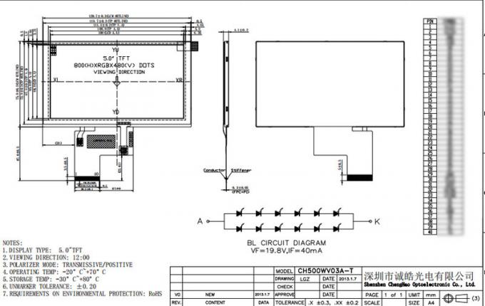 5" WVGA Small Color LCD Display Wide Temperature With Resistive Touch Panel